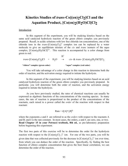 kinetics of the acid hydrolysis of trans co(en)2cl2 cl