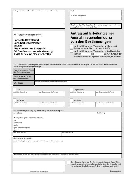 Antrag auf Erteilung einer Ausnahmegenehmigung von den ...