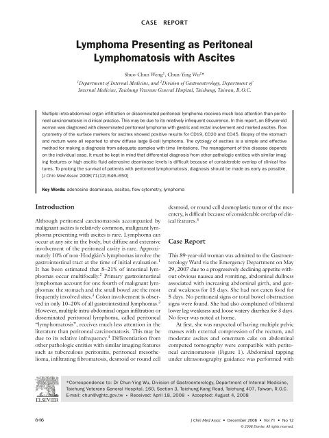 Lymphoma Presenting as Peritoneal Lymphomatosis with Ascites