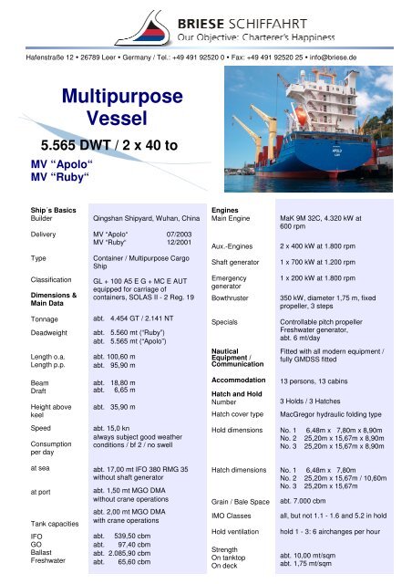 Multipurpose Vessel 5.565 DWT / 2 x 40 to