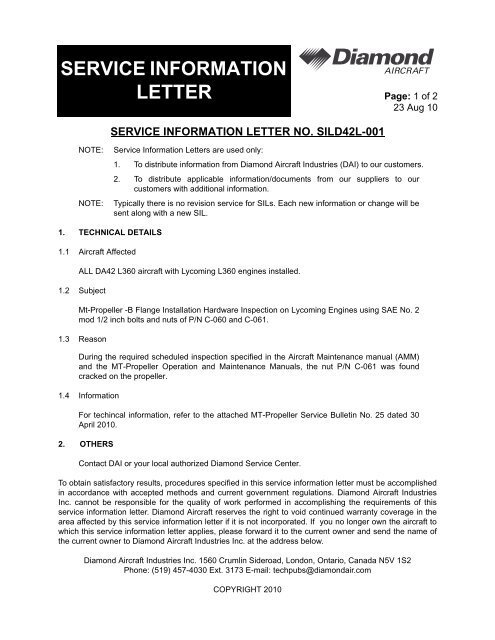 service information letter - Diamond Aircraft