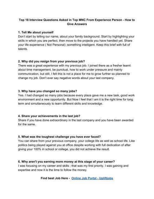 Top 18 Interview Questions & Answers For Experience candidate