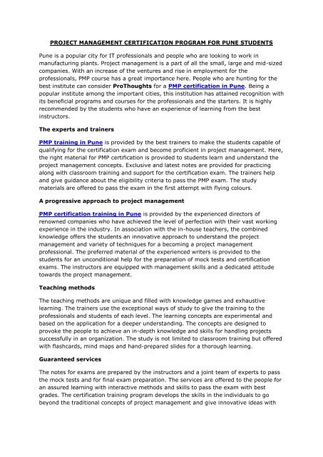 PROJECT MANAGEMENT CERTIFICATION PROGRAM FOR PUNE STUDENTS