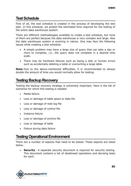 DWH Test Schedule First o