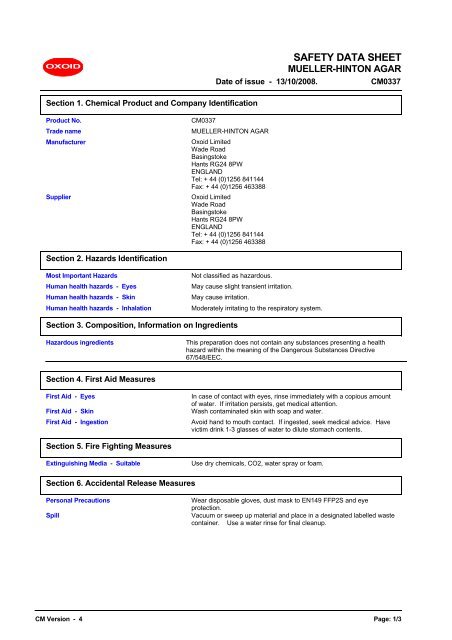 3242 MUELLER-HINTON AGAR (English (GB)) MSDS - OXOID ...