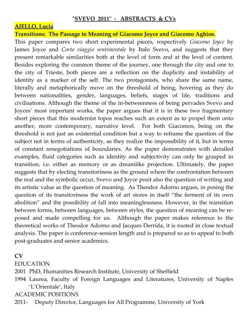 Abstracts and CVs / Riassunti e CV - Bad Request - University of ...