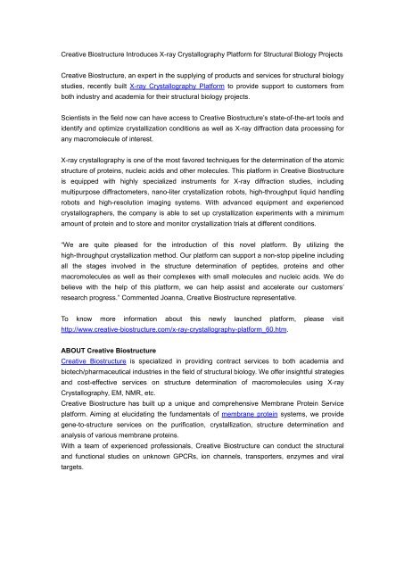 Creative Biostructure Introduces X-ray Crystallography Platform for Structural Biology Projects