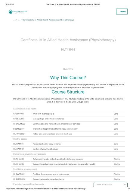 Certificate IV in Allied Health Assistance Physiotherapy