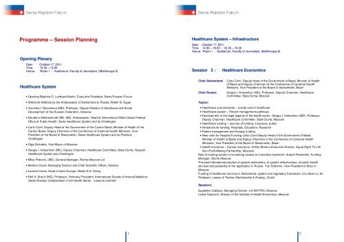 Programme – Session Planning - Swiss Russian Forum