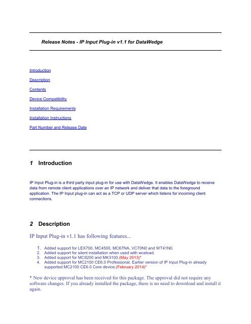 IP Input Plug-In for DataWedge Version 1.1 Release Notes