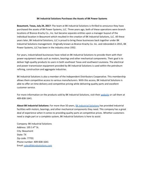 BK Industrial Solutions Purchases the Assets of BK Power Systems