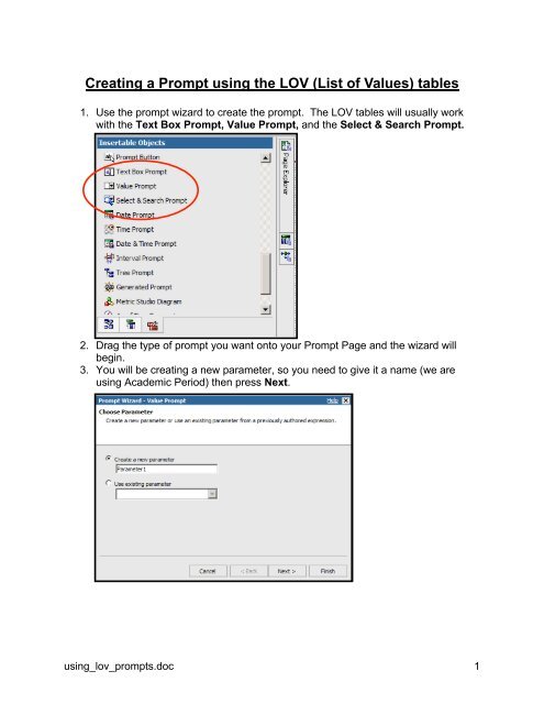 Creating a Prompt using the LOV (List of Values) tables