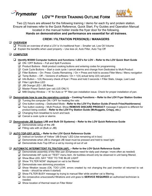 LOV™ FRYER TRAINING OUTLINE FORM - Frymaster
