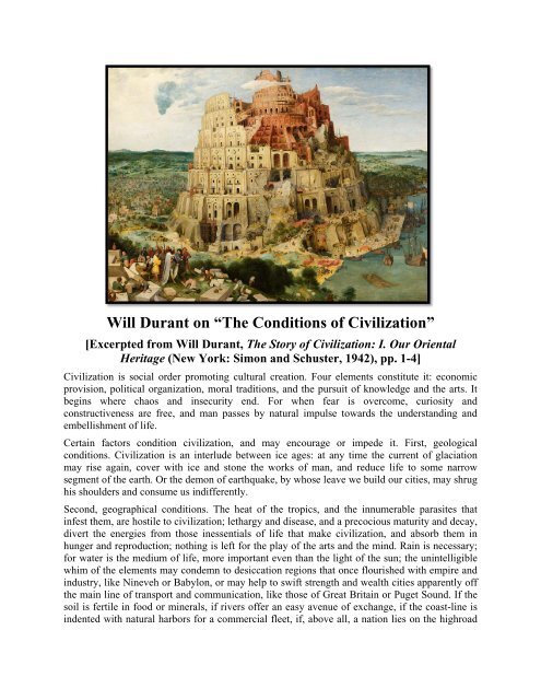 Will Durant, The Conditions for Civilization