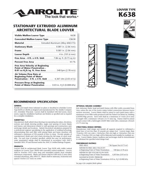 louver type k638 performance ratings - Airolite Company