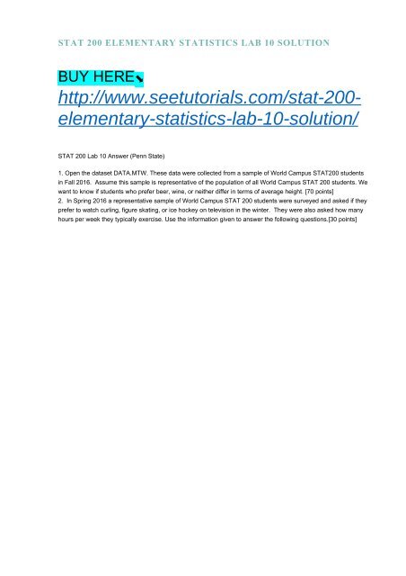 STAT 200 ELEMENTARY STATISTICS LAB 10 SOLUTION