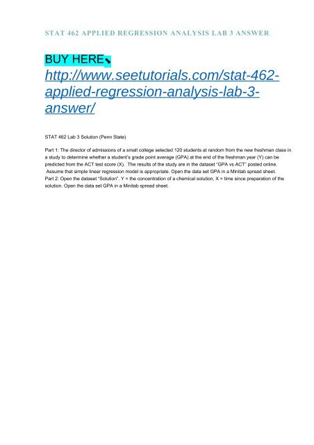 STAT 462 APPLIED REGRESSION ANALYSIS LAB 3 ANSWER