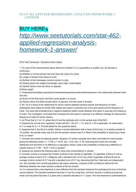 STAT 462 APPLIED REGRESSION ANALYSIS HOMEWORK 1 ANSWER STAT 462 APPLIED REGRESSION ANALYSIS HOMEWORK 1 ANSWER