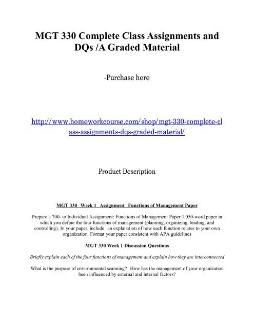 MGT 330 Complete Class Assignments and DQs A Graded Material
