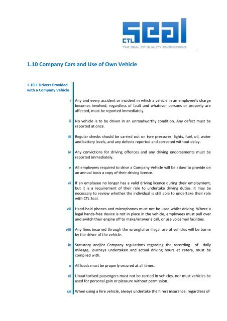 1.10 Company Cars and Use of Own Vehicle