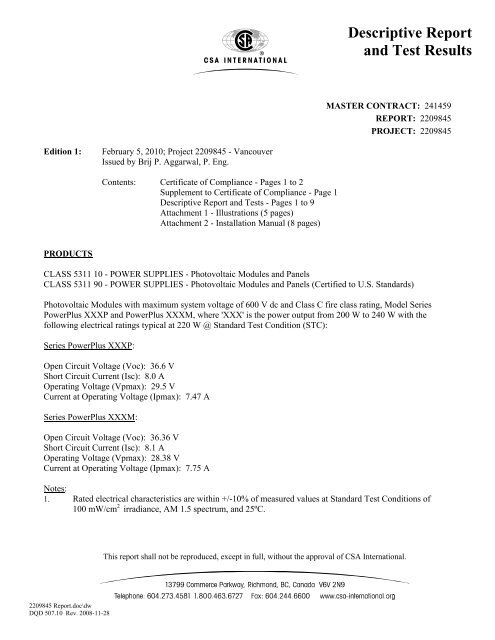 Descriptive Report and Test Results - Conergy