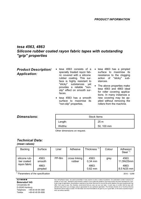 tesa 4563, 4863 Silicone rubber coated rayon fabric tapes with ...
