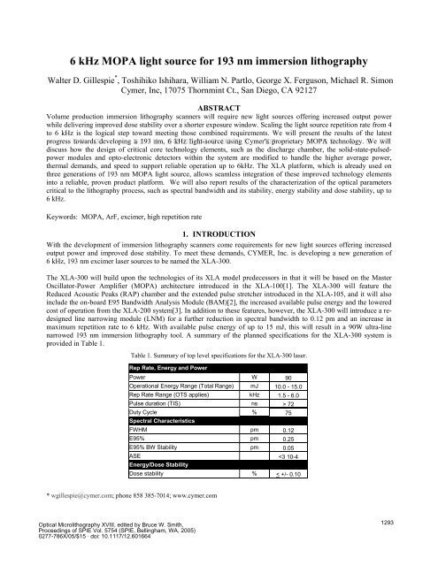 6 kHz MOPA Light Source for 193 nm Immersion Lithography ...
