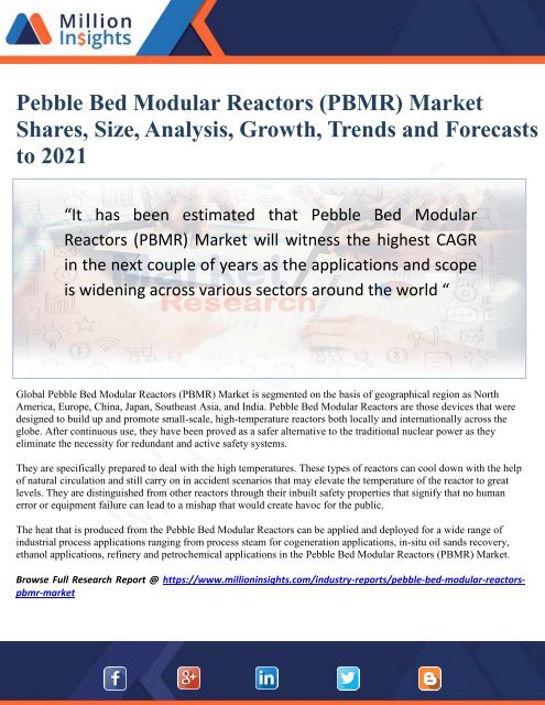 Pebble Bed Modular Reactors (PBMR) Market will witness the highest CAGR ...