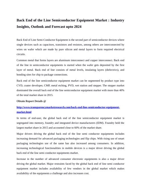 Back End of the Line Semiconductor Equipment Market