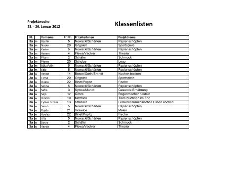 Klassenlisten - Regenbogen-Schule