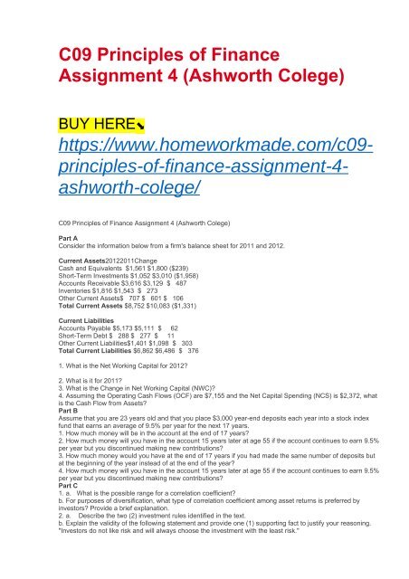 C09 Principles of Finance Assignment 4 (Ashworth Colege)