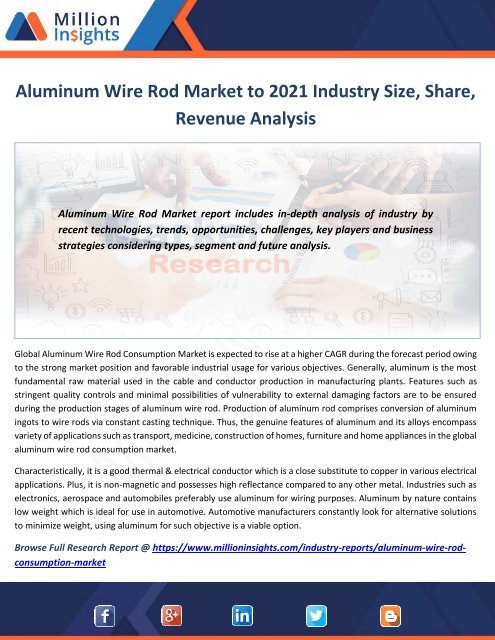 Aluminum Wire Rod Market to 2021 Industry Size, Share, Revenue Analysis