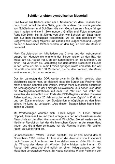 Schüler erlebten symbolischen Mauerfall - Realschule Dissen