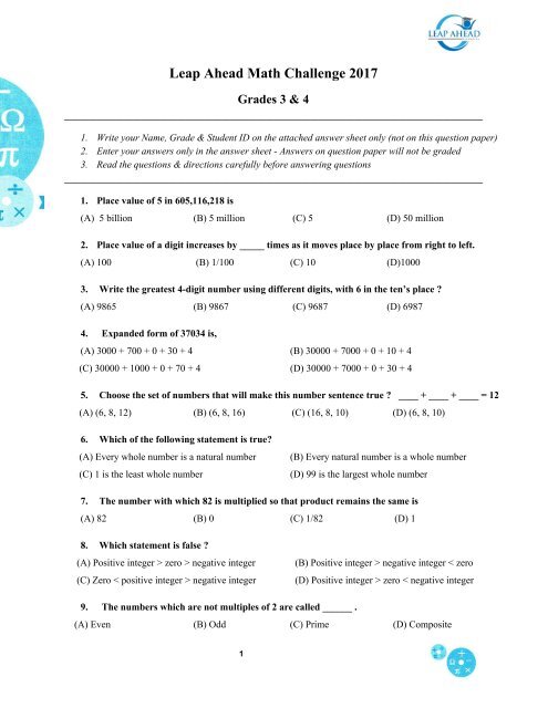 Grade 3 & 4 - 2017 Leap Ahead Math Challenge