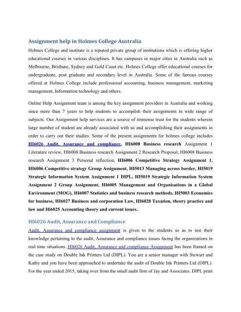 Assignment help in Holmes College Australia