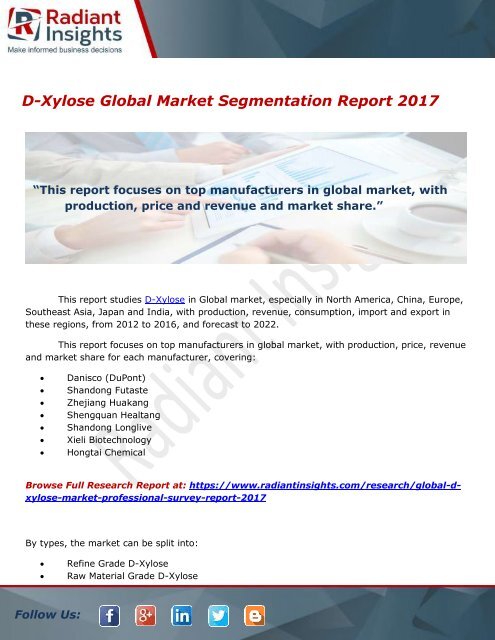 D-Xylose Global Market Segmentation Report 2017