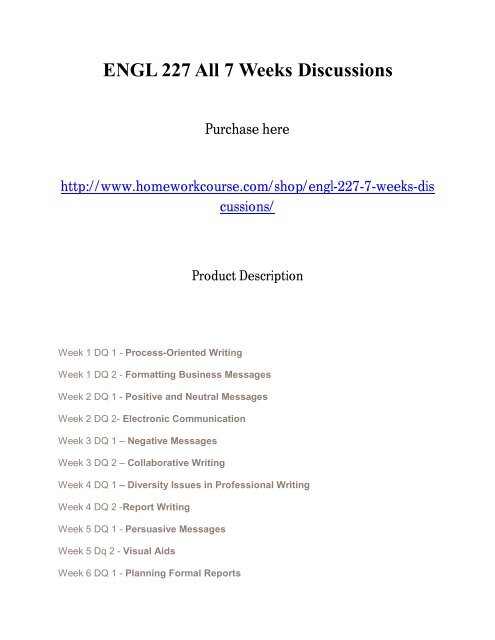 ENGL 227 All 7 Weeks Discussions