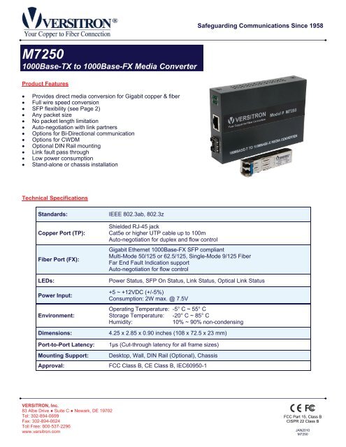 M7250 1000Base TX-FX Data Sheet - Versitron