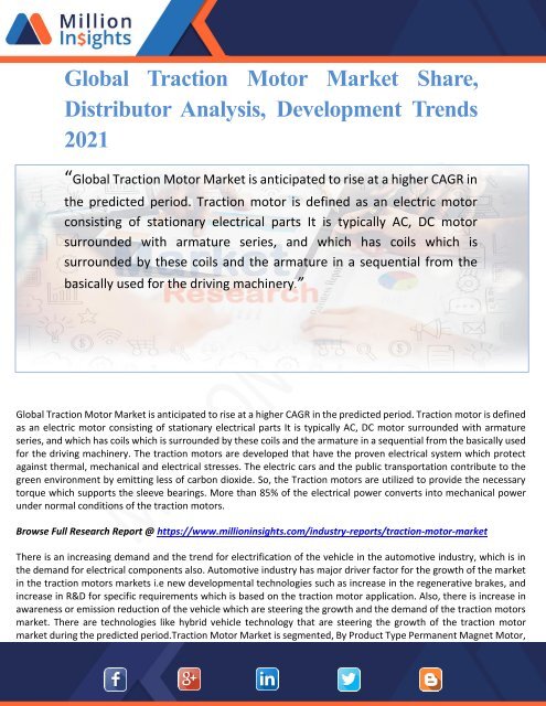 Global Traction Motor Market Share, Distributor Analysis, Development ...