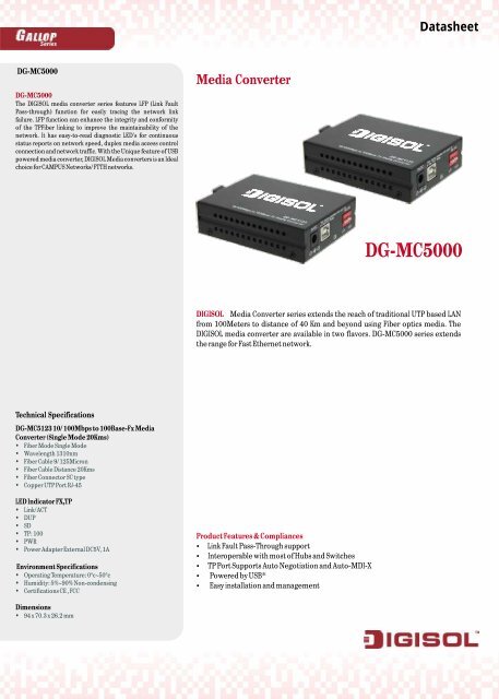Media Converter DG-MC5000 Datasheet - Digisol