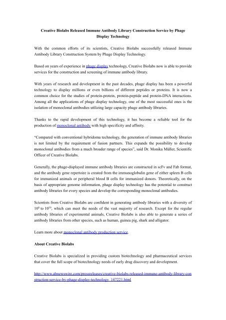 Creative Biolabs Released Immune Antibody Library Construction Service ...