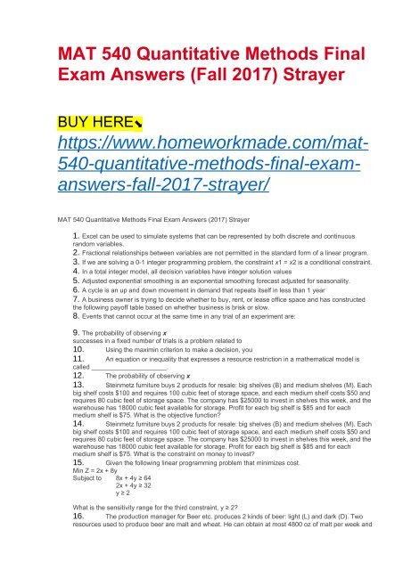 MAT 540 Quantitative Methods Final Exam Answers (Fall 2017) Strayer