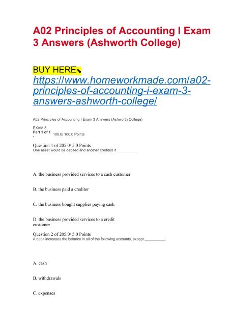 A02 Principles of Accounting I Exam 3 Answers (Ashworth College)