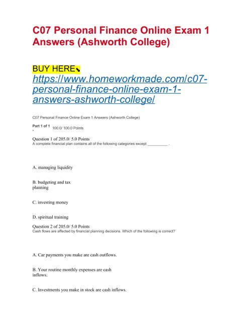 C07 Personal Finance Online Exam 1 Answers (Ashworth College)