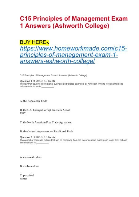C15 Principles of Management Exam 1 Answers (Ashworth College)
