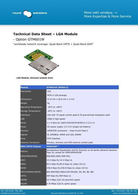 Technical Data Sheet – LGA Module - Option ... - Round Solutions