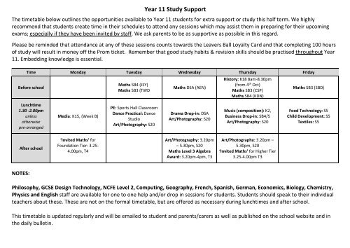 Year 11 Study Support Timetable