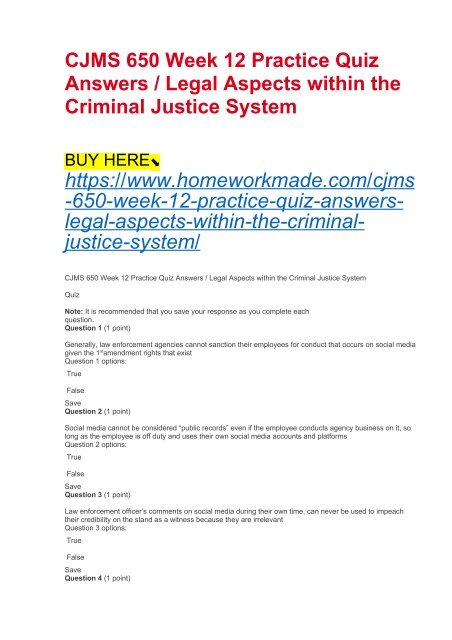 CJMS 650 Week 12 Practice Quiz Answers : Legal Aspects within the ...