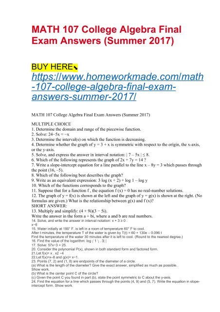 MATH 107 College Algebra Final Exam Answers (Summer 2017)