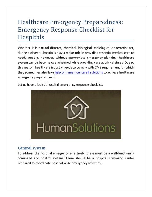 Healthcare Emergency Preparedness Emergency Response Checklist for ...